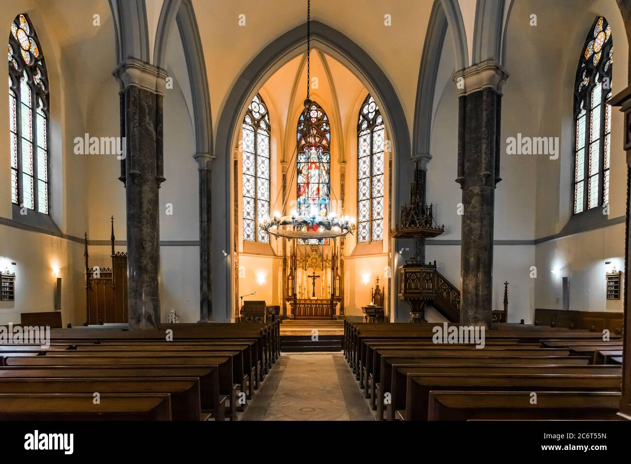 Protestant church inside with illuminated decorations Stock Photo - Alamy