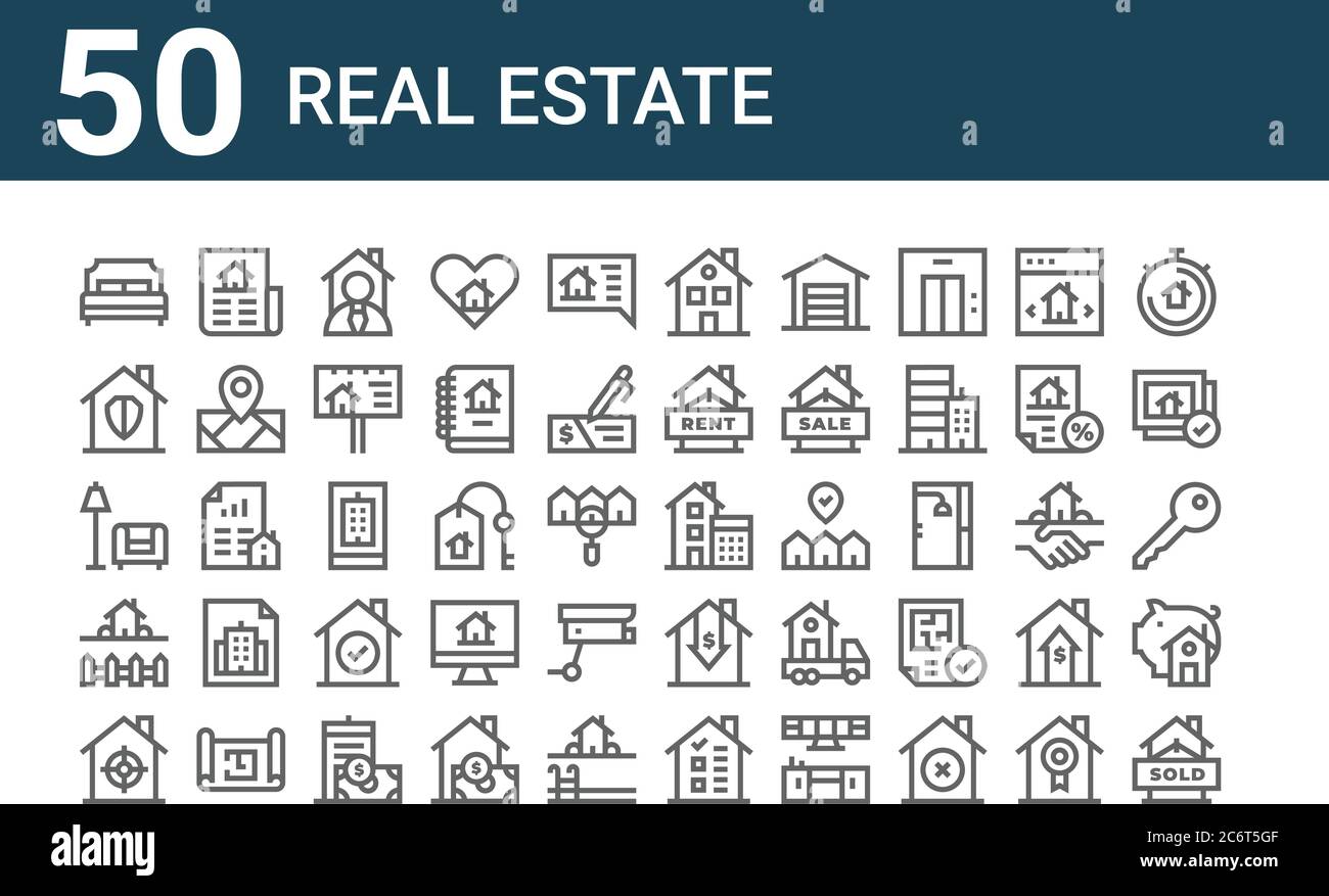 set of 50 real estate icons. outline thin line icons such as sold ...
