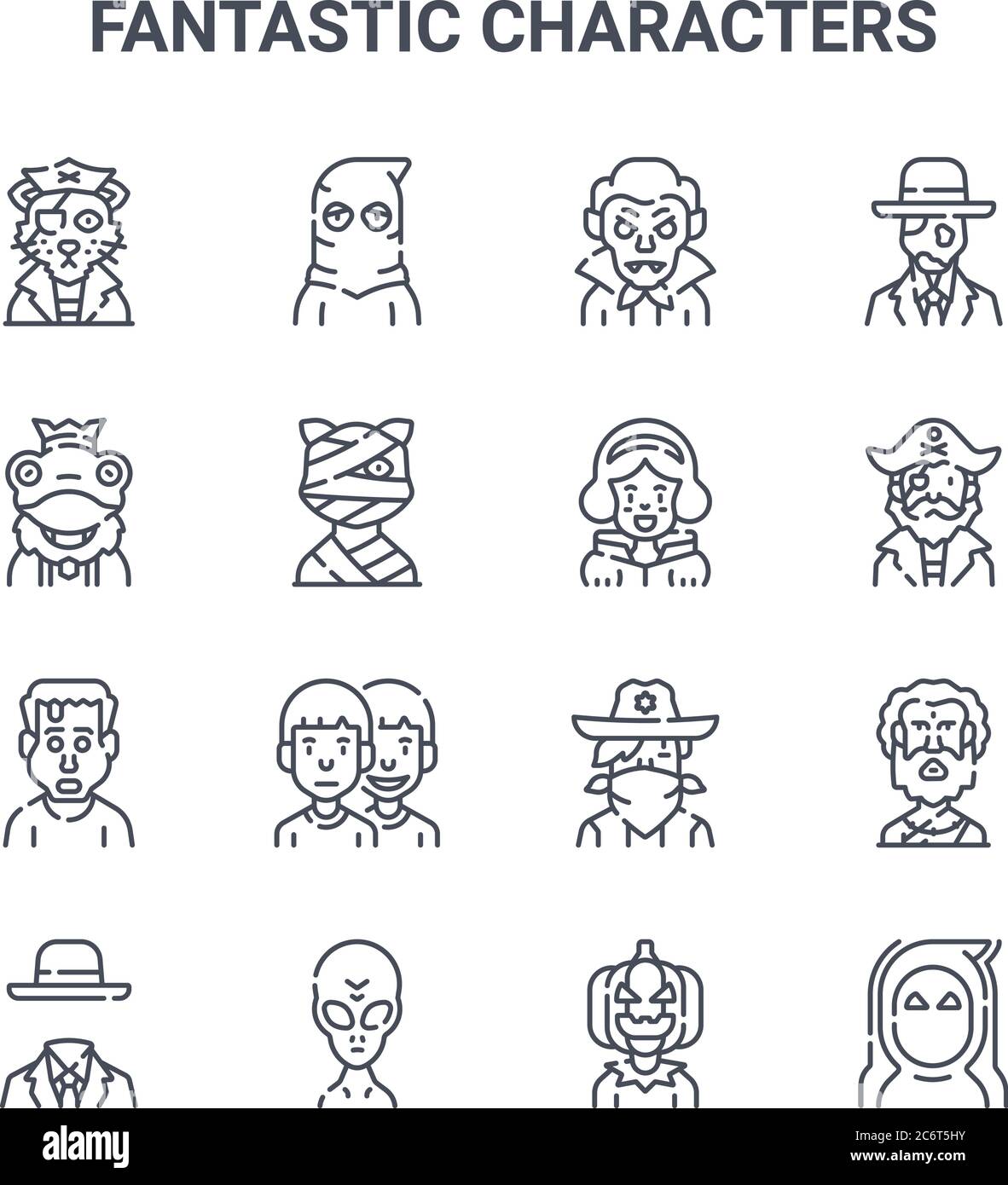 set of 16 fantastic characters concept vector line icons. 64x64 thin ...