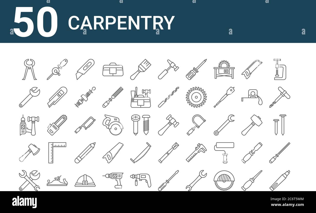 set of 50 carpentry icons. outline thin line icons such as marker ...