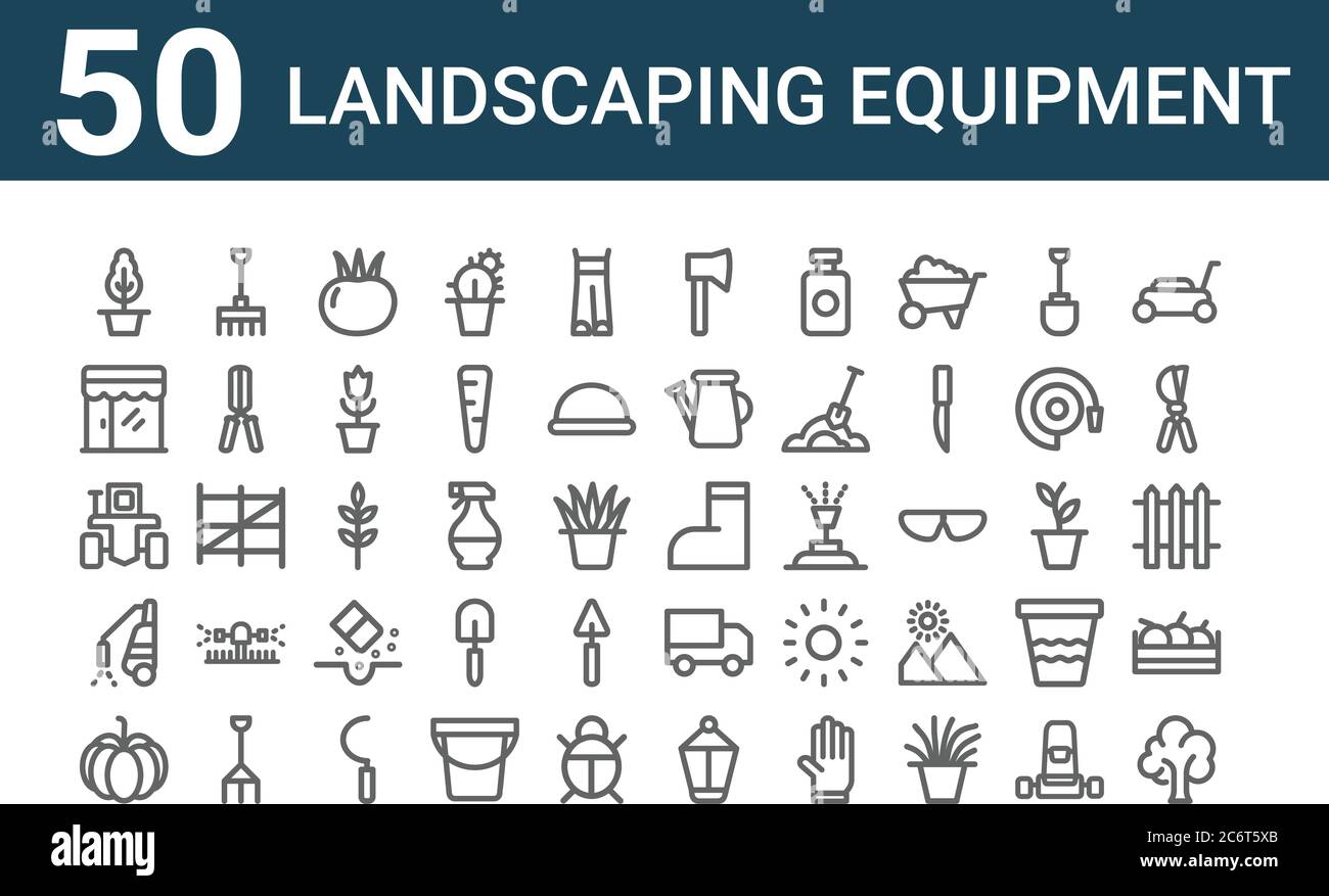 set of 50 landscaping equipment icons. outline thin line icons such as ...