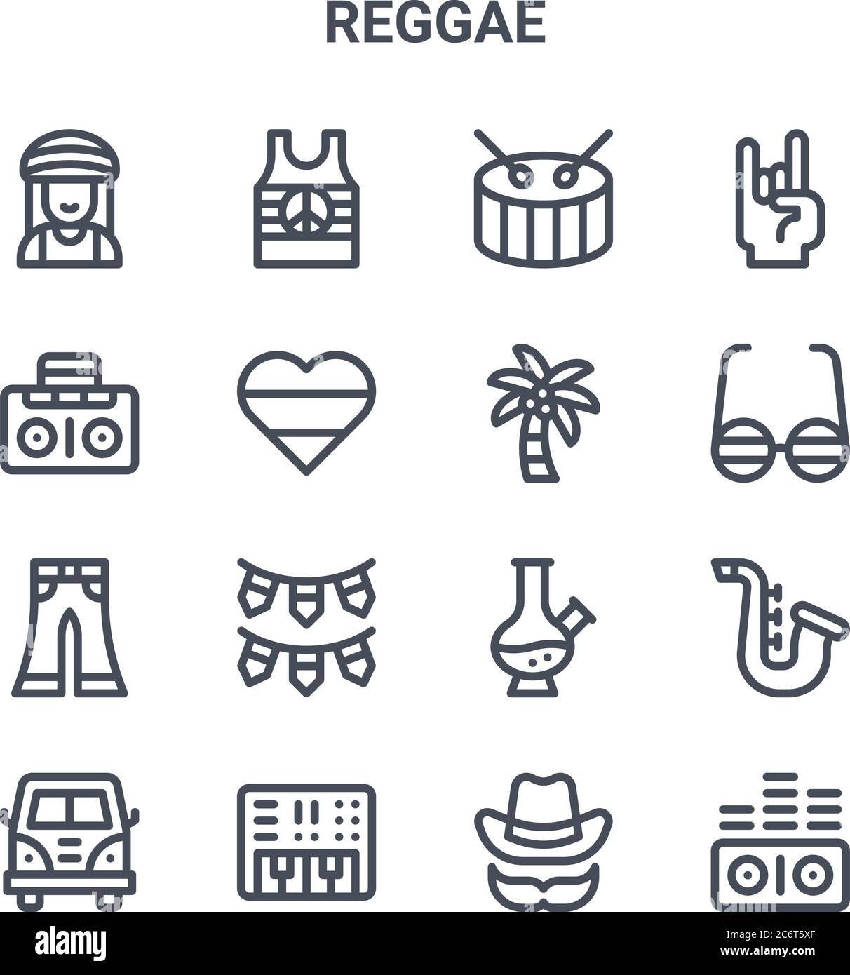 set of 16 reggae concept vector line icons. 64x64 thin stroke icons ...