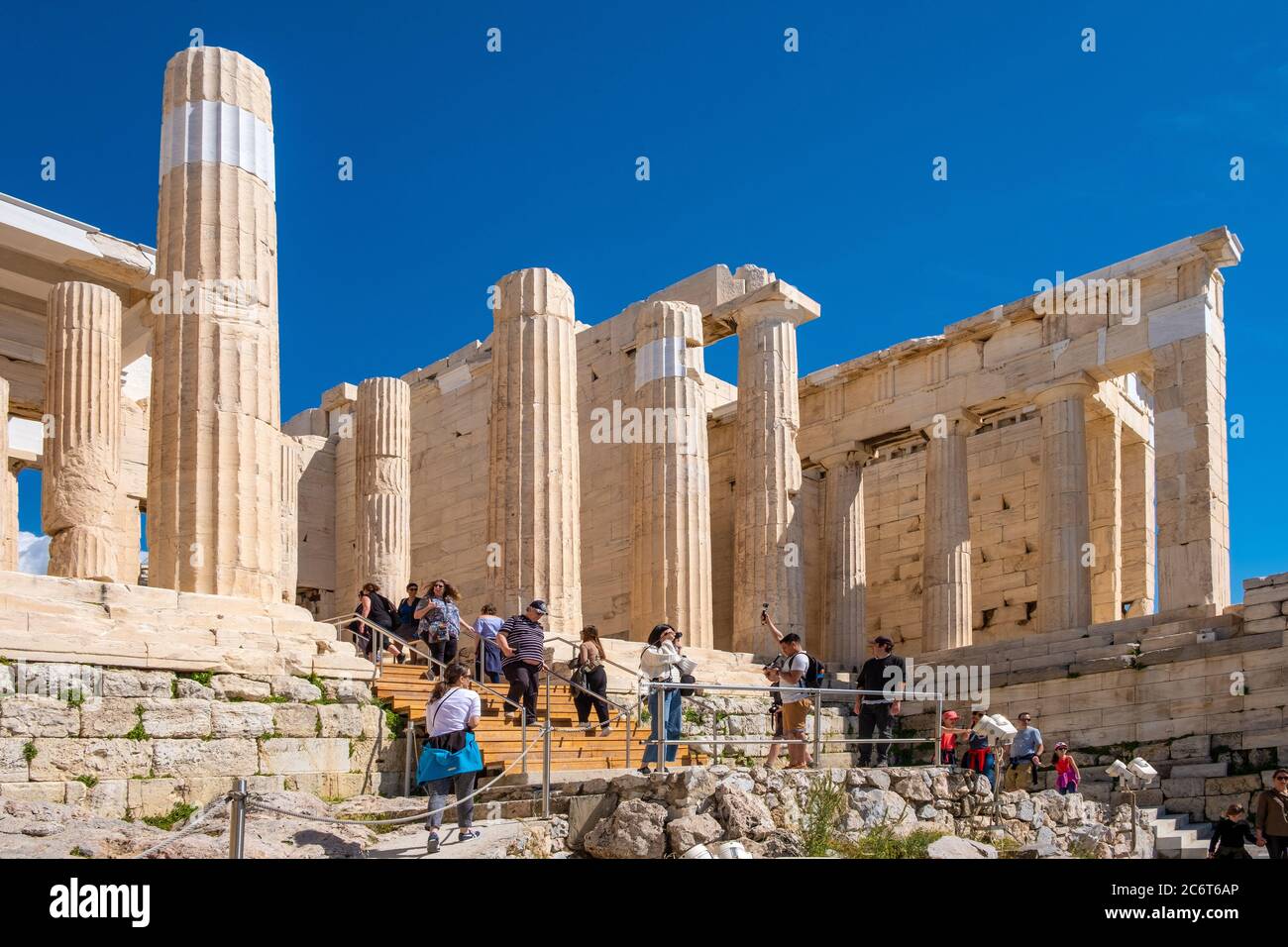 Athens, Attica / Greece - 2018/04/02: Panoramic view of Propylaea, erected by Pericles ...