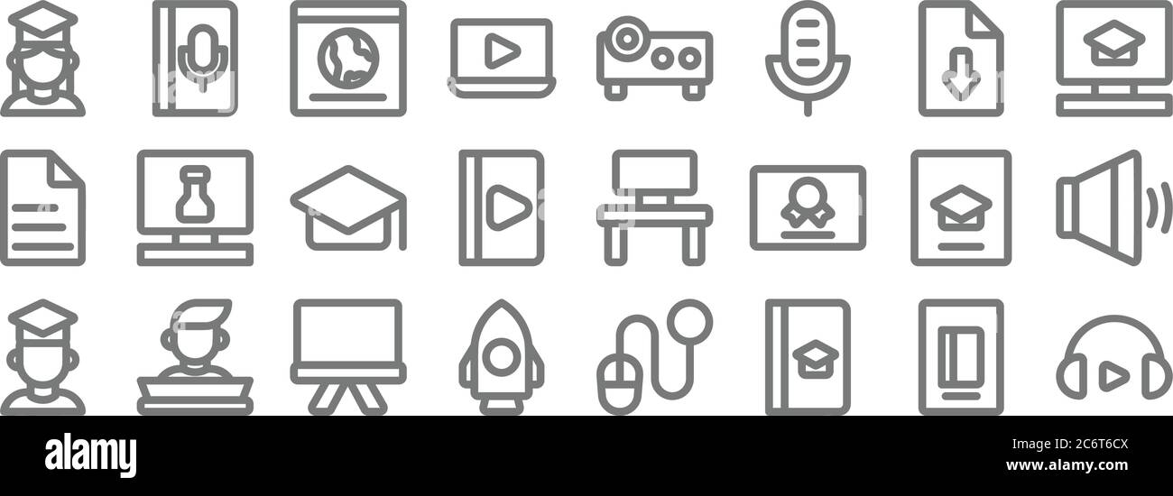online learning line icons. linear set. quality vector line set such as headphone, book, rocket ...