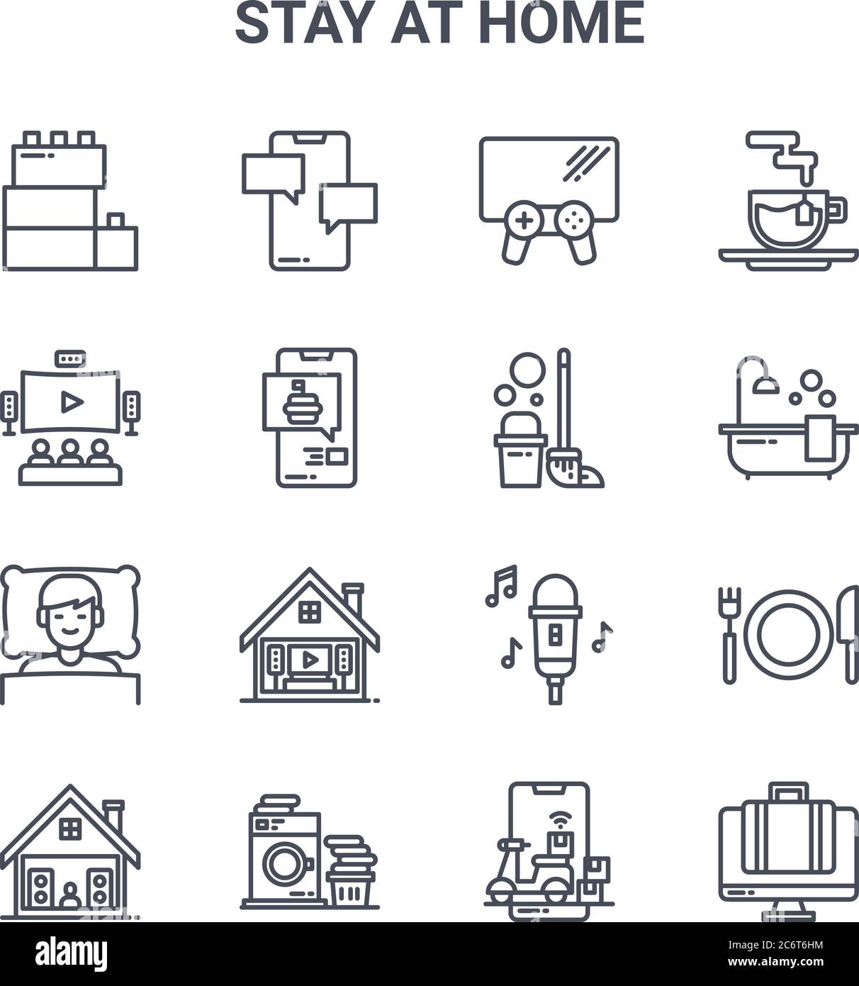 set of 16 stay at home concept vector line icons. 64x64 thin stroke ...
