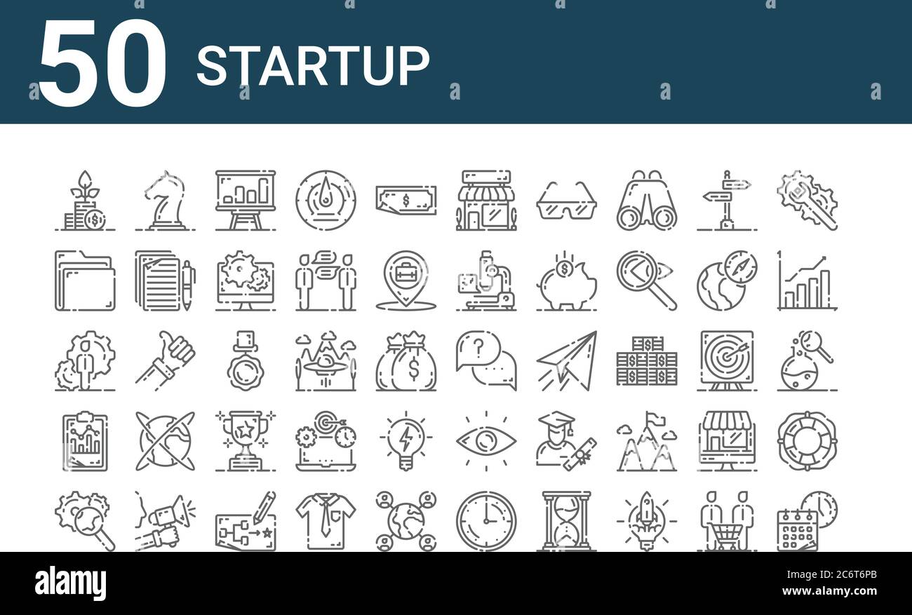 set of 50 startup icons. outline thin line icons such as time ...