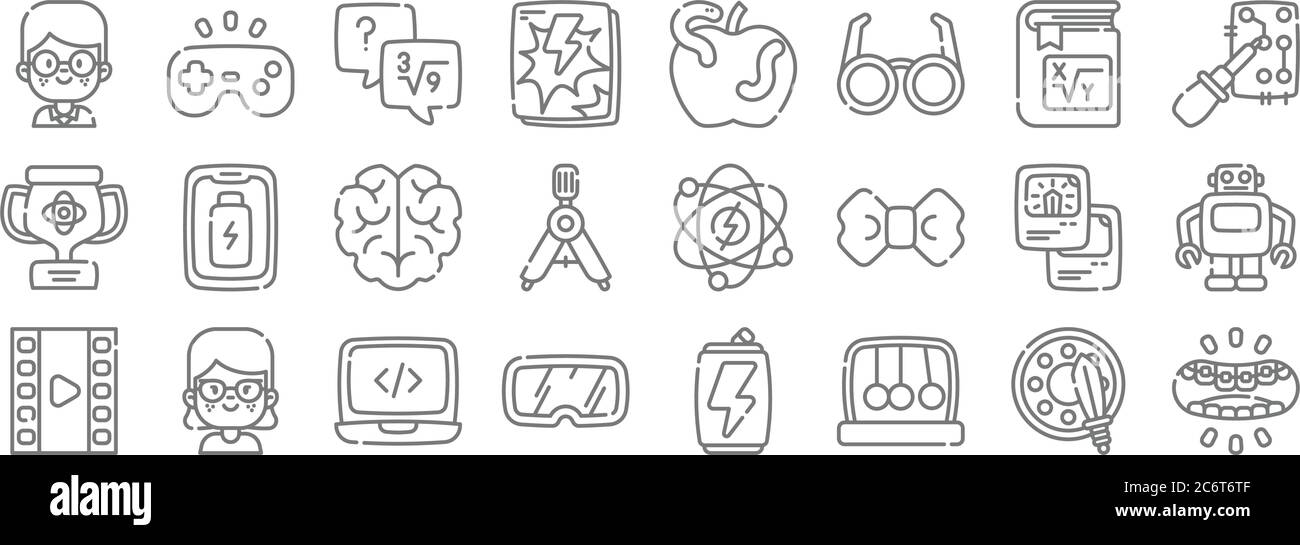 nerd line icons. linear set. quality vector line set such as brackets, newtons cradle, eye ...