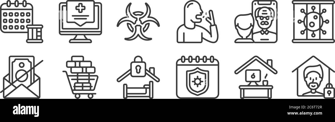 12 set of linear self isolation icons. thin outline icons such as ...