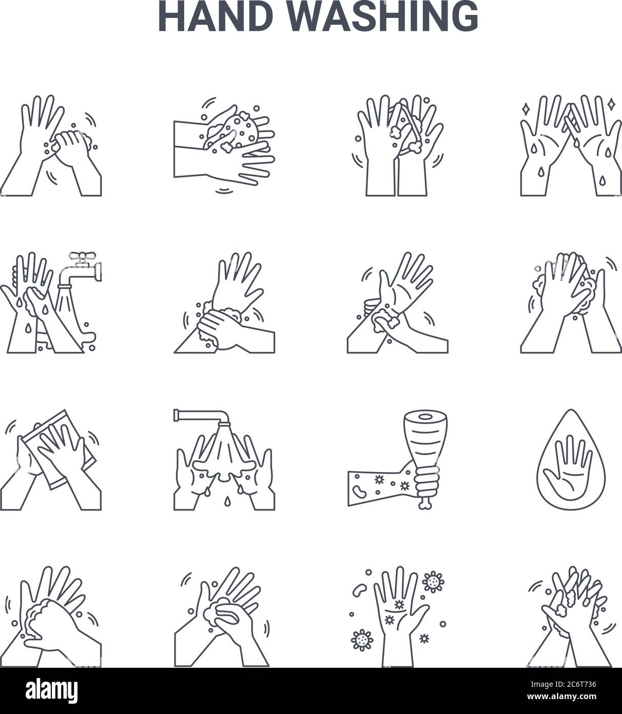 set of 16 hand washing concept vector line icons. 64x64 thin stroke ...