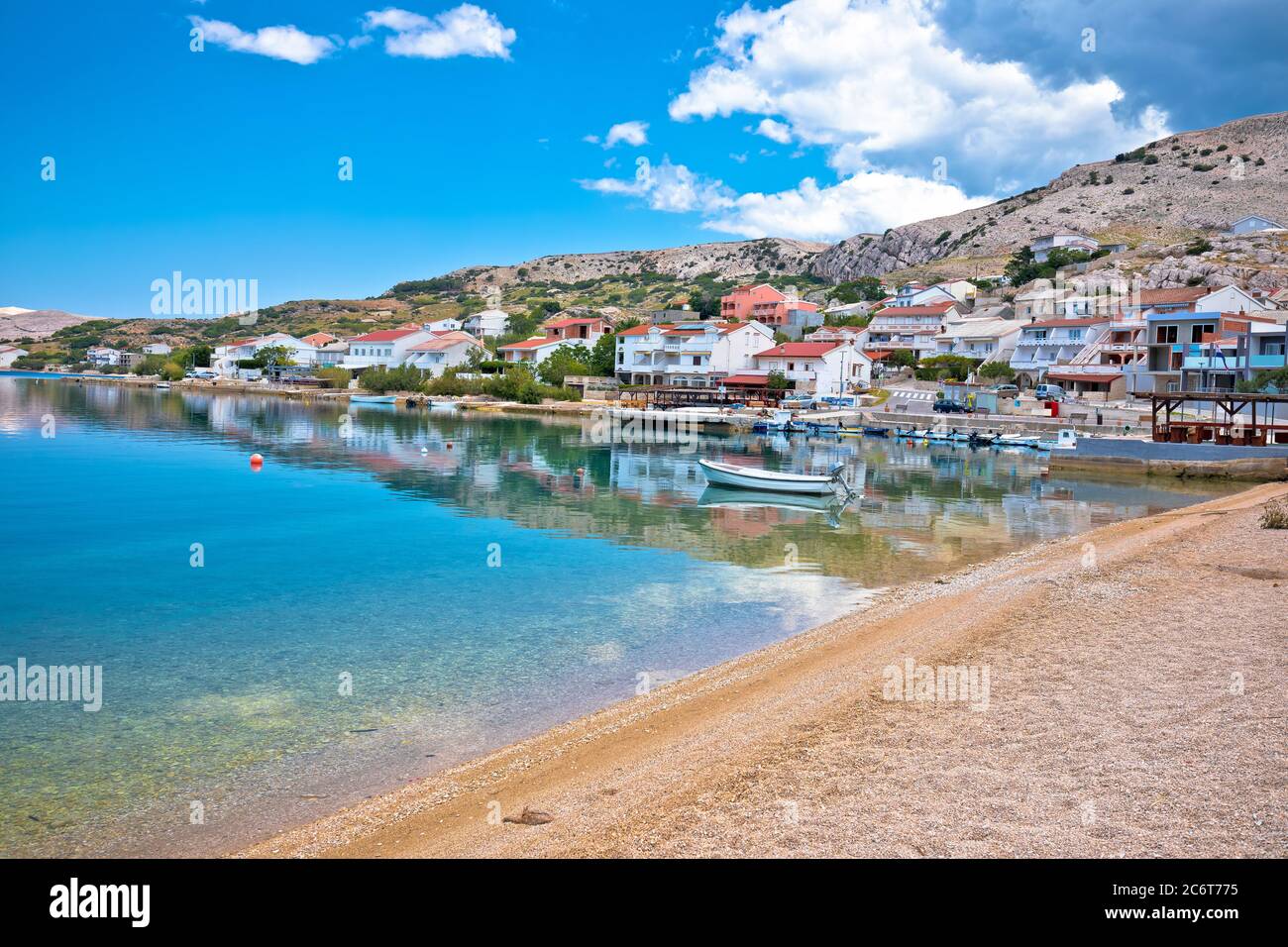 Idyllic coastal village of Metajna beach and waterfront view, Island of Pag, Dalmatia region of ...