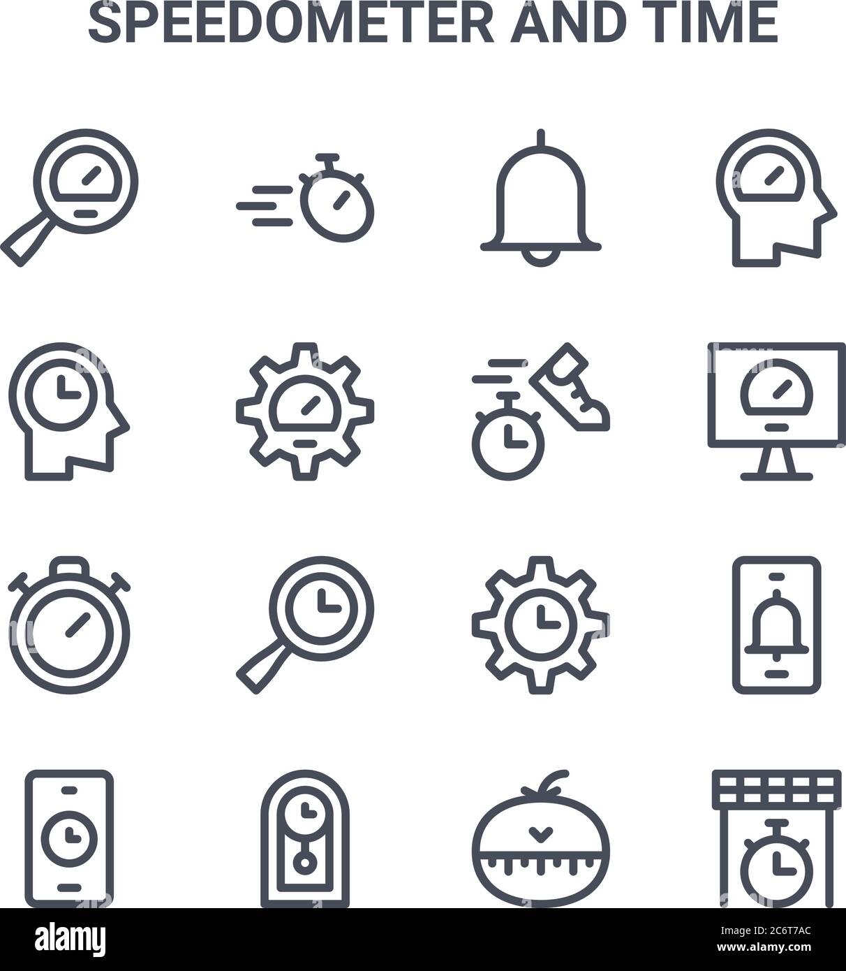 set of 16 speedometer and time concept vector line icons. 64x64 thin ...