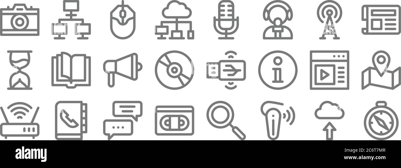 communication and media line icons. linear set. quality vector line set such as compass, handset ...