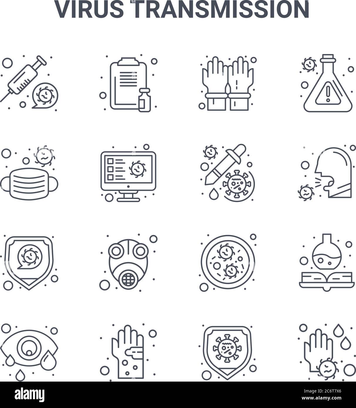 set of 16 virus transmission concept vector line icons. 64x64 thin ...
