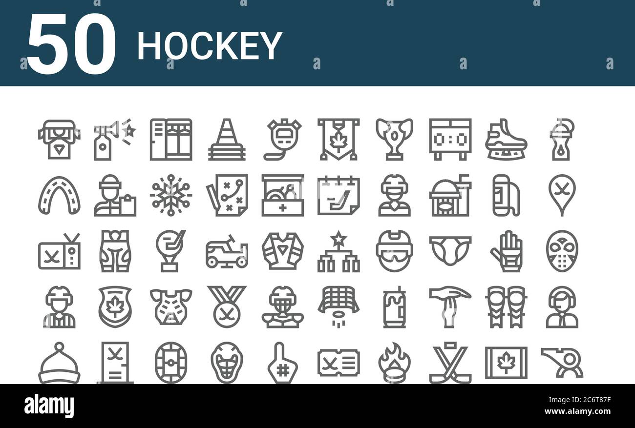 set of 50 hockey icons. outline thin line icons such as whistle, beanie ...