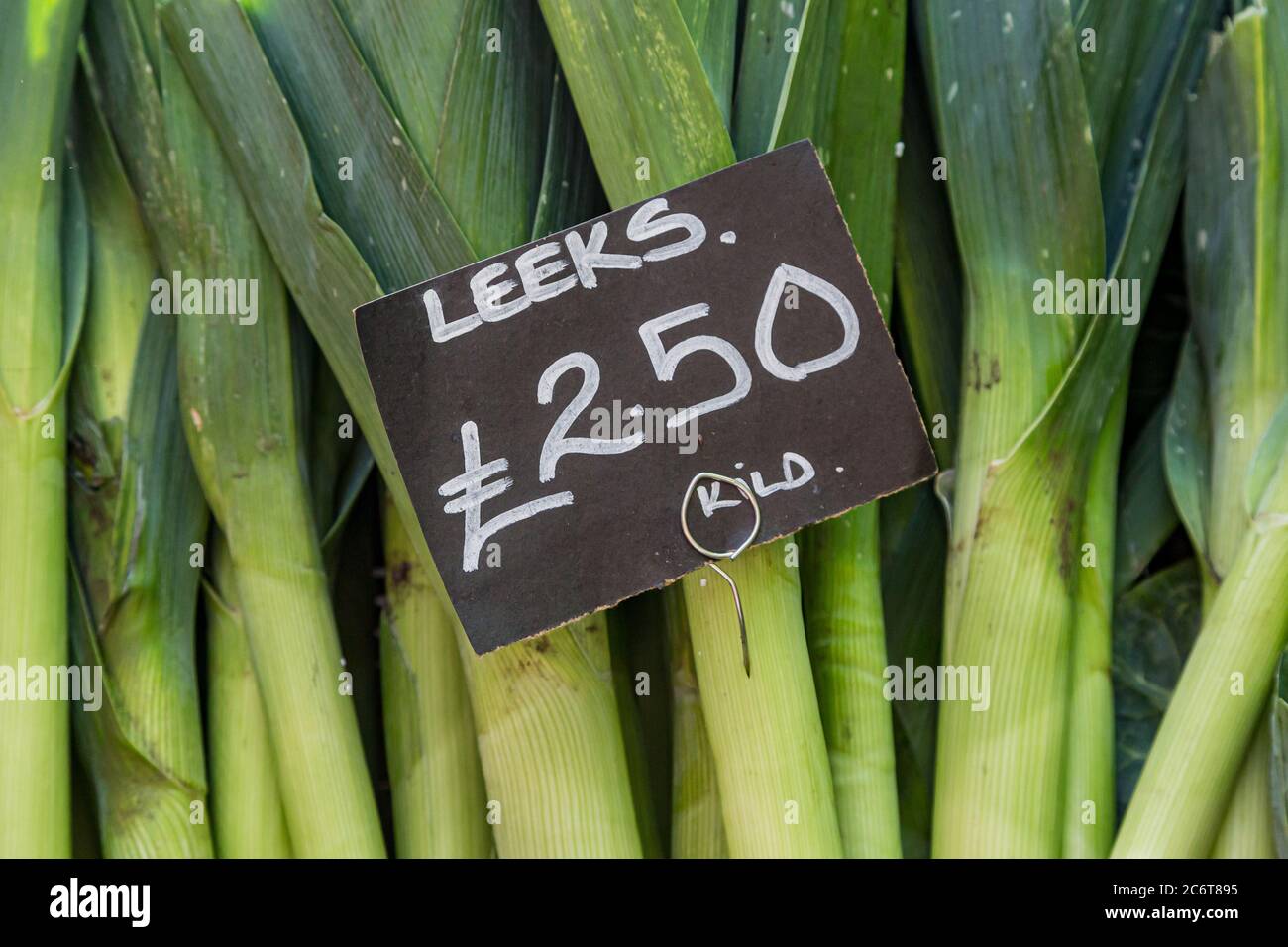 A full frame photograph of leeks for sale on a farmers market stall ...
