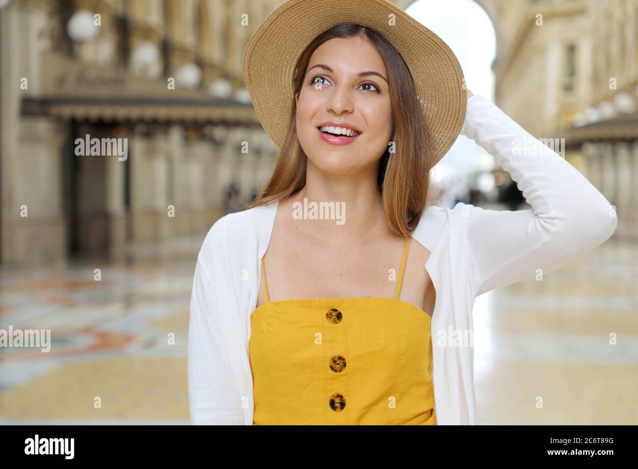 Pretty fashion tourist woman visiting the city of Milan, Italy Stock ...