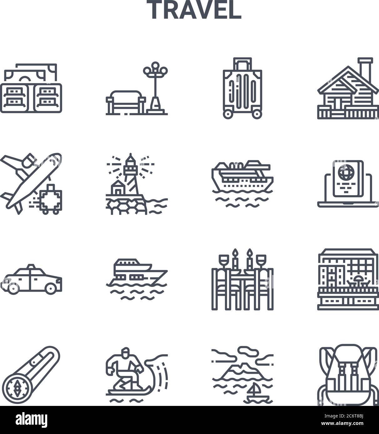 set of 16 travel concept vector line icons. 64x64 thin stroke icons ...