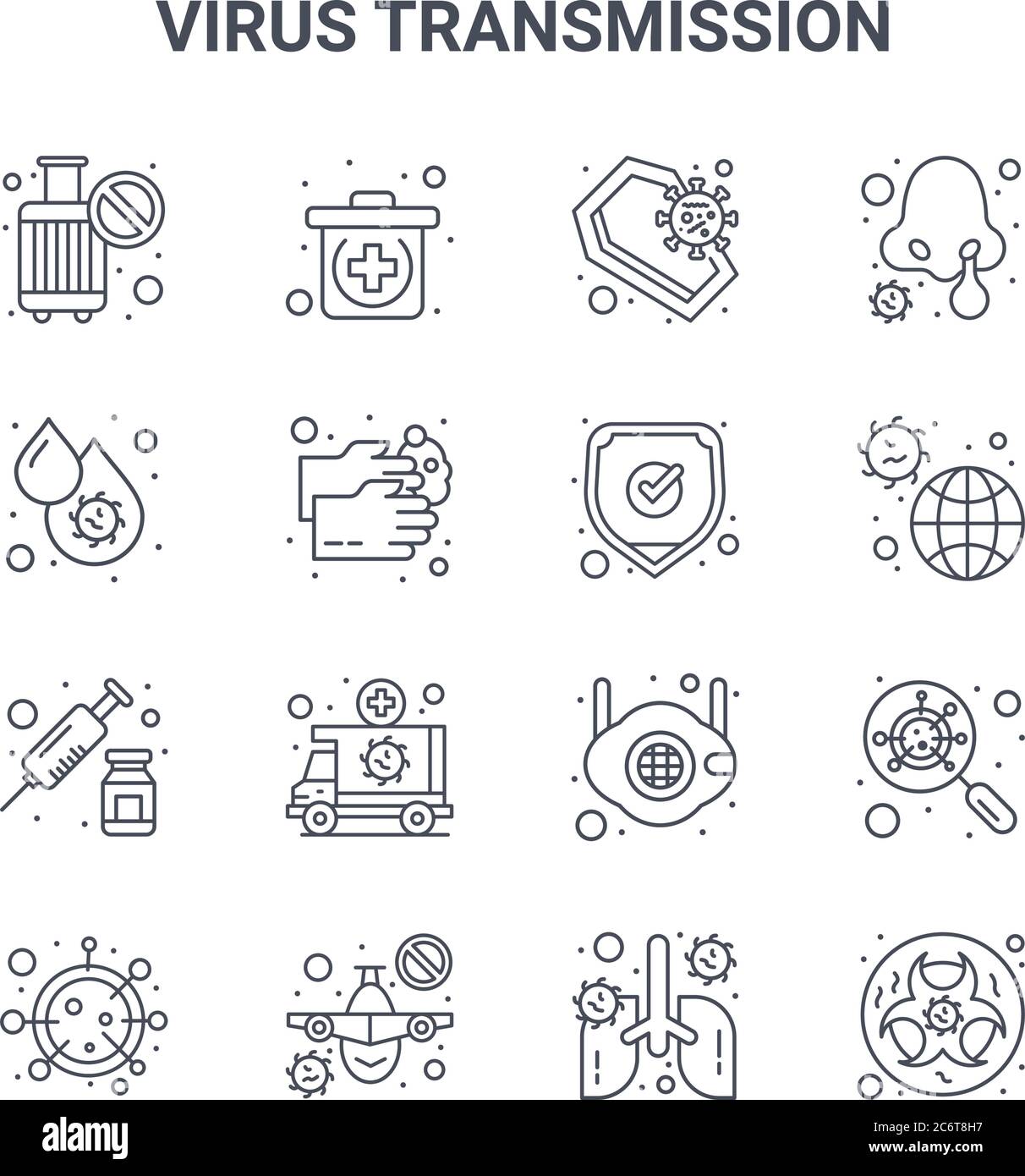 set of 16 virus transmission concept vector line icons. 64x64 thin ...