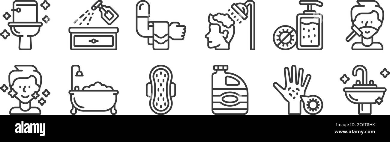 12 set of linear hygiene icons. thin outline icons such as sink, bleach ...