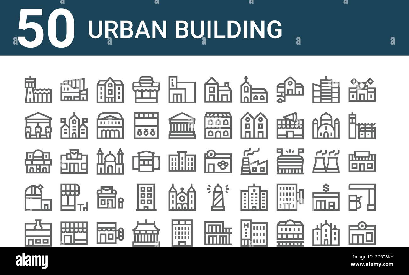 set of 50 urban building icons. outline thin line icons such as ...