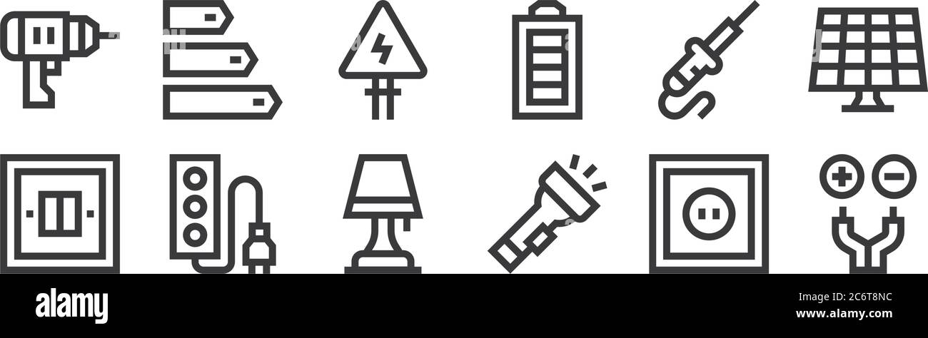 12 set of linear electrician tools and elements icons. thin outline ...