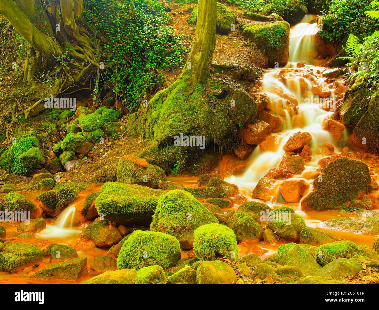 Cascades of mineral water. Red ferric mud of sediments on big boulders ...