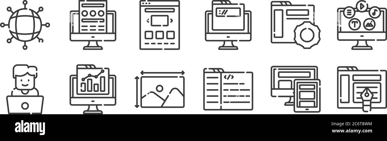 12 set of linear web development icons. thin outline icons such as de ...