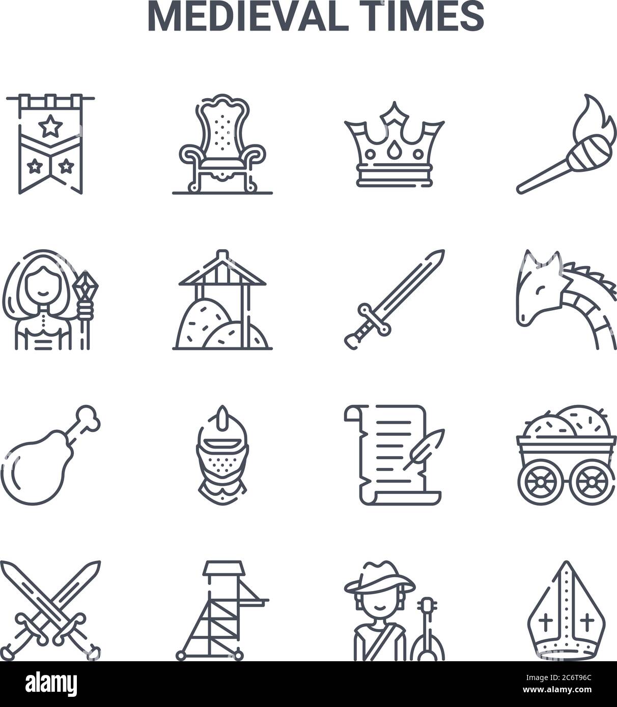 set of 16 medieval times concept vector line icons. 64x64 thin stroke ...