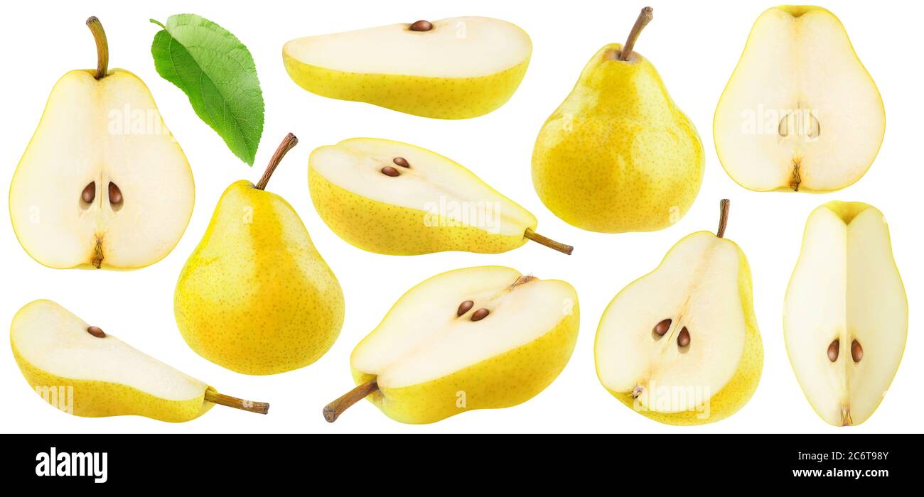 Isolated yellow pears collection. Pear fruit pieces of different shapes ...