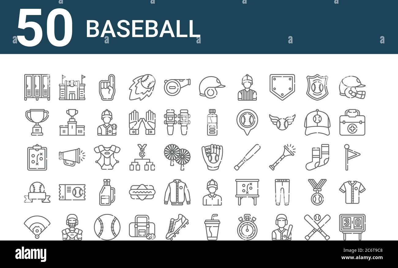 set of 50 baseball icons. outline thin line icons such as scoreboard ...
