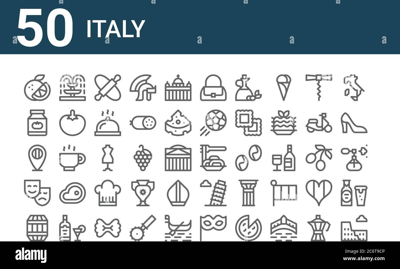 set of 50 italy icons. outline thin line icons such as coliseum, barrel ...