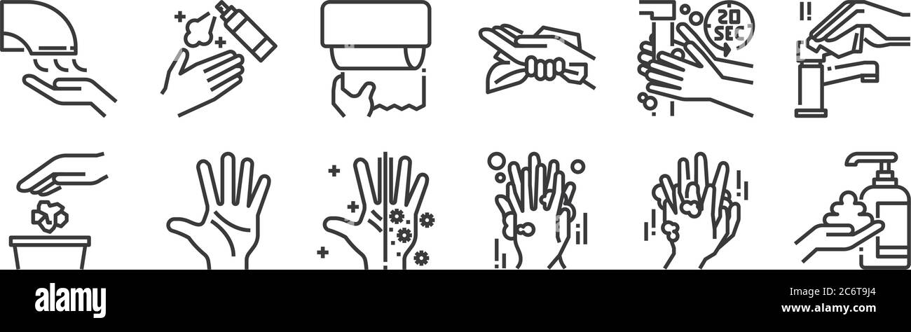 12 set of linear wash hands icons. thin outline icons such as washing ...