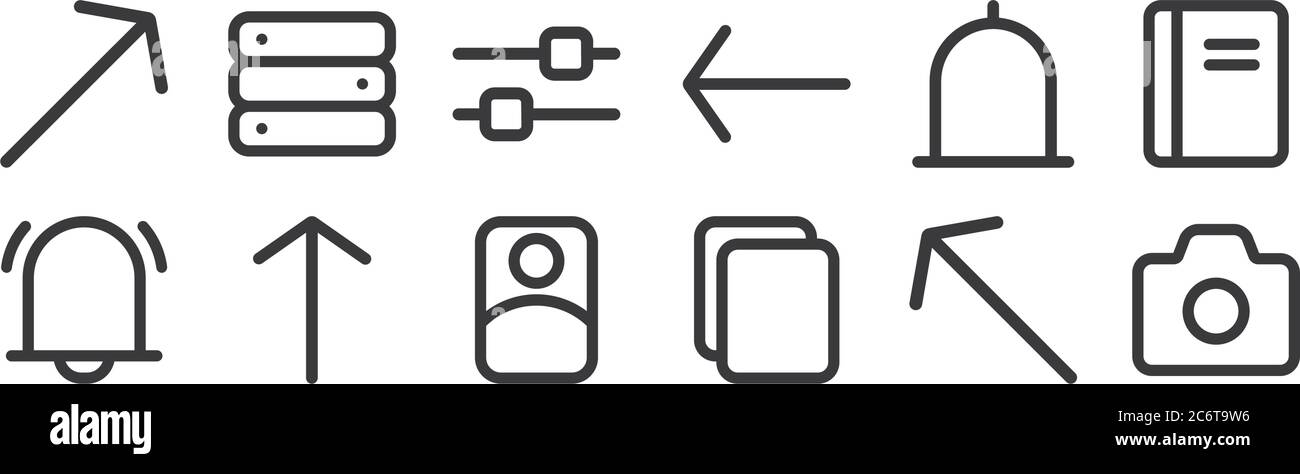 12 set of linear interface icons. thin outline icons such as camera, paste, up arrow, bell ...