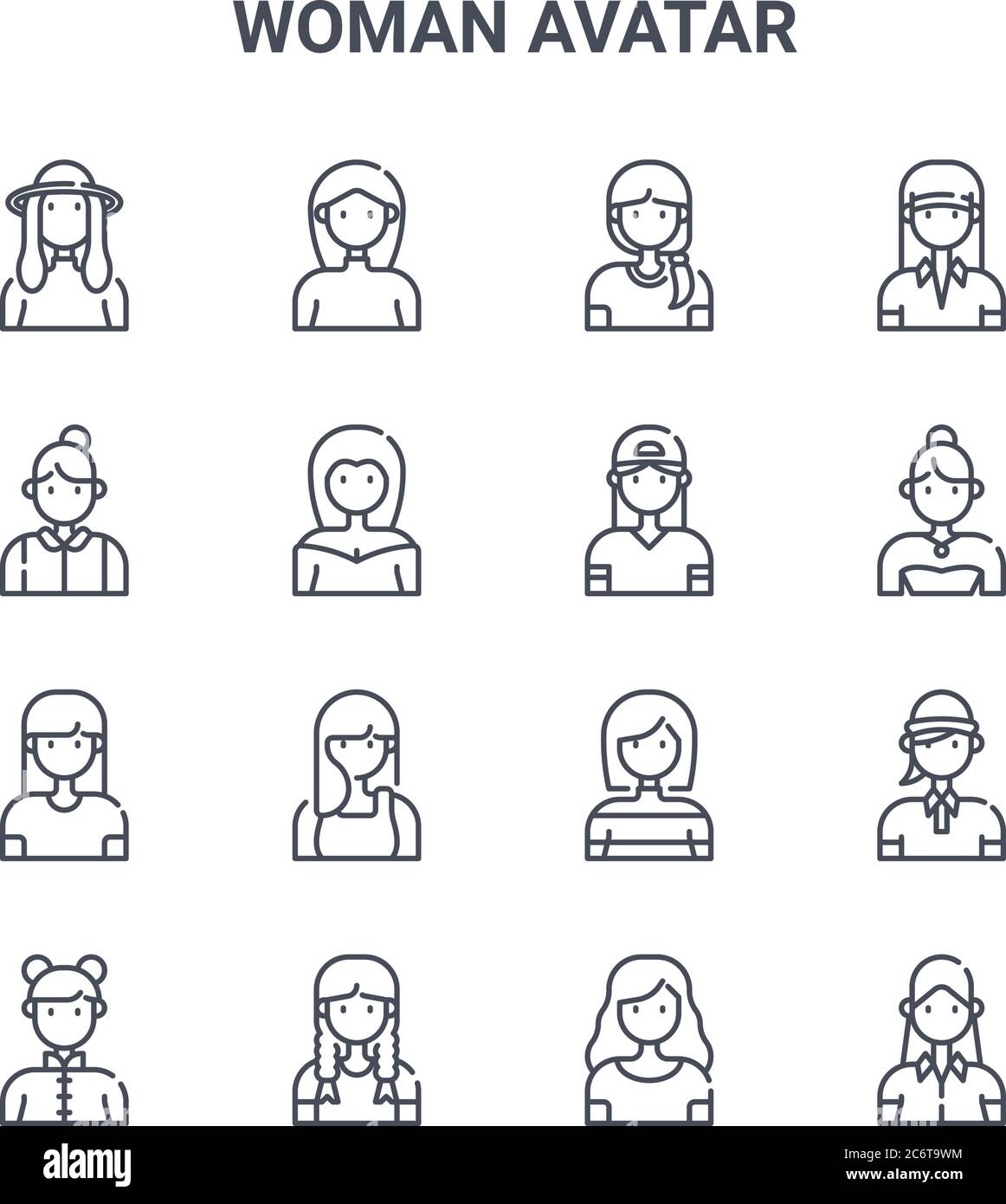 set of 16 woman avatar concept vector line icons. 64x64 thin stroke icons such as woman, woman ...
