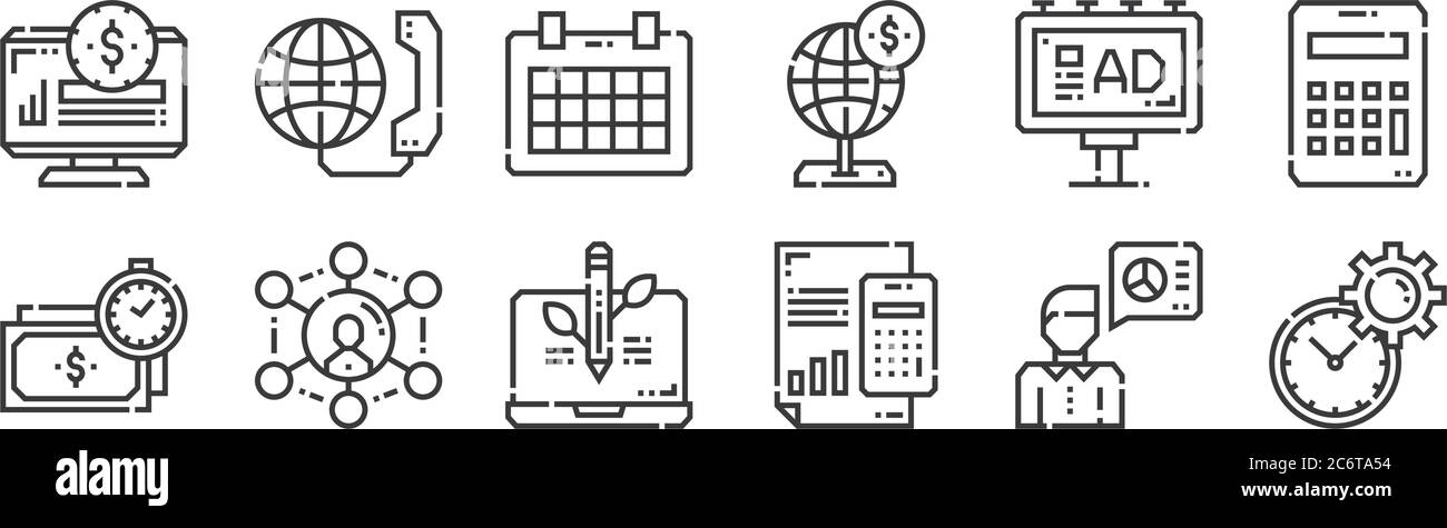 12 set of linear marketing icons. thin outline icons such as time ...