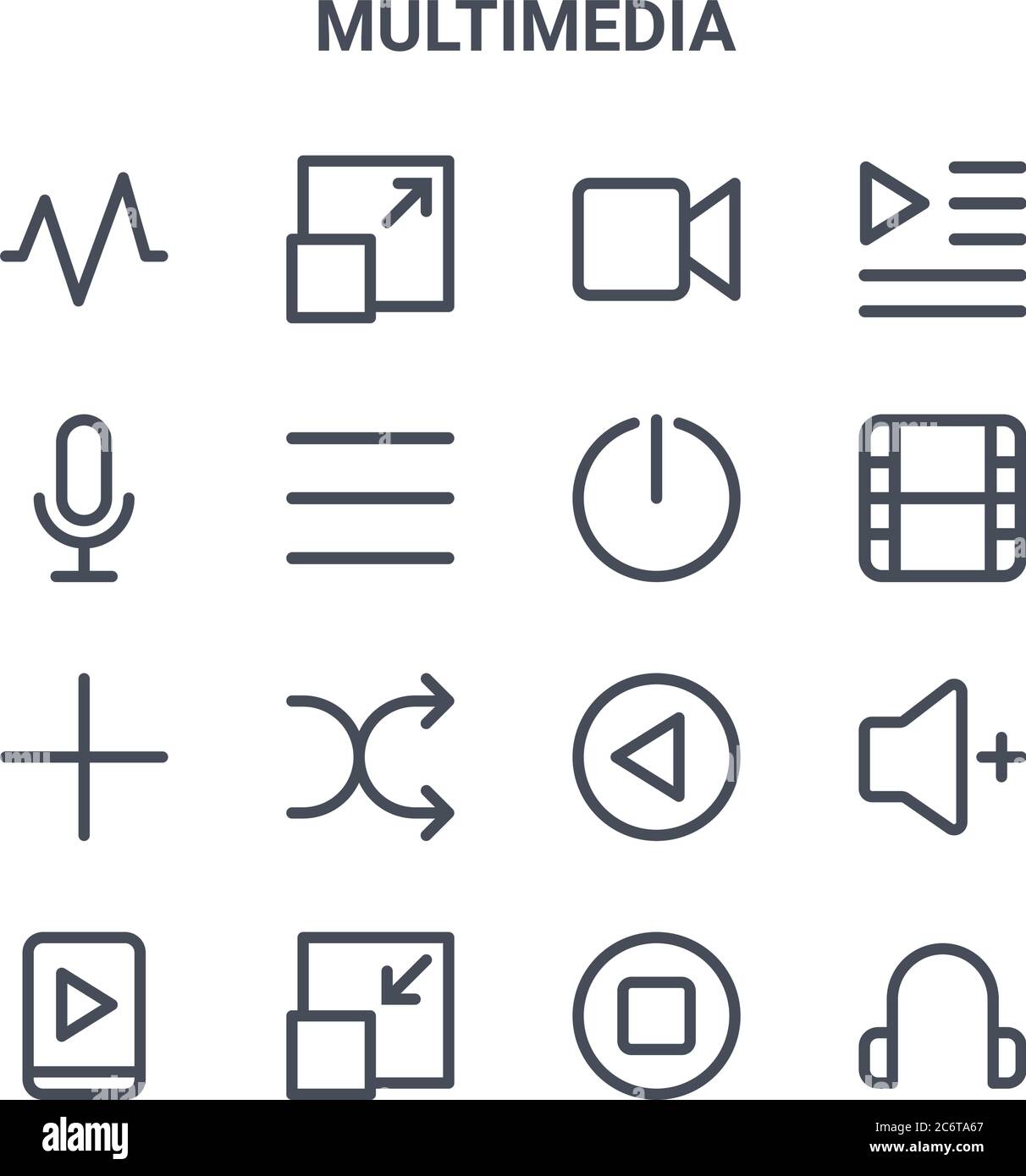 set of 16 multimedia concept vector line icons. 64x64 thin stroke icons ...