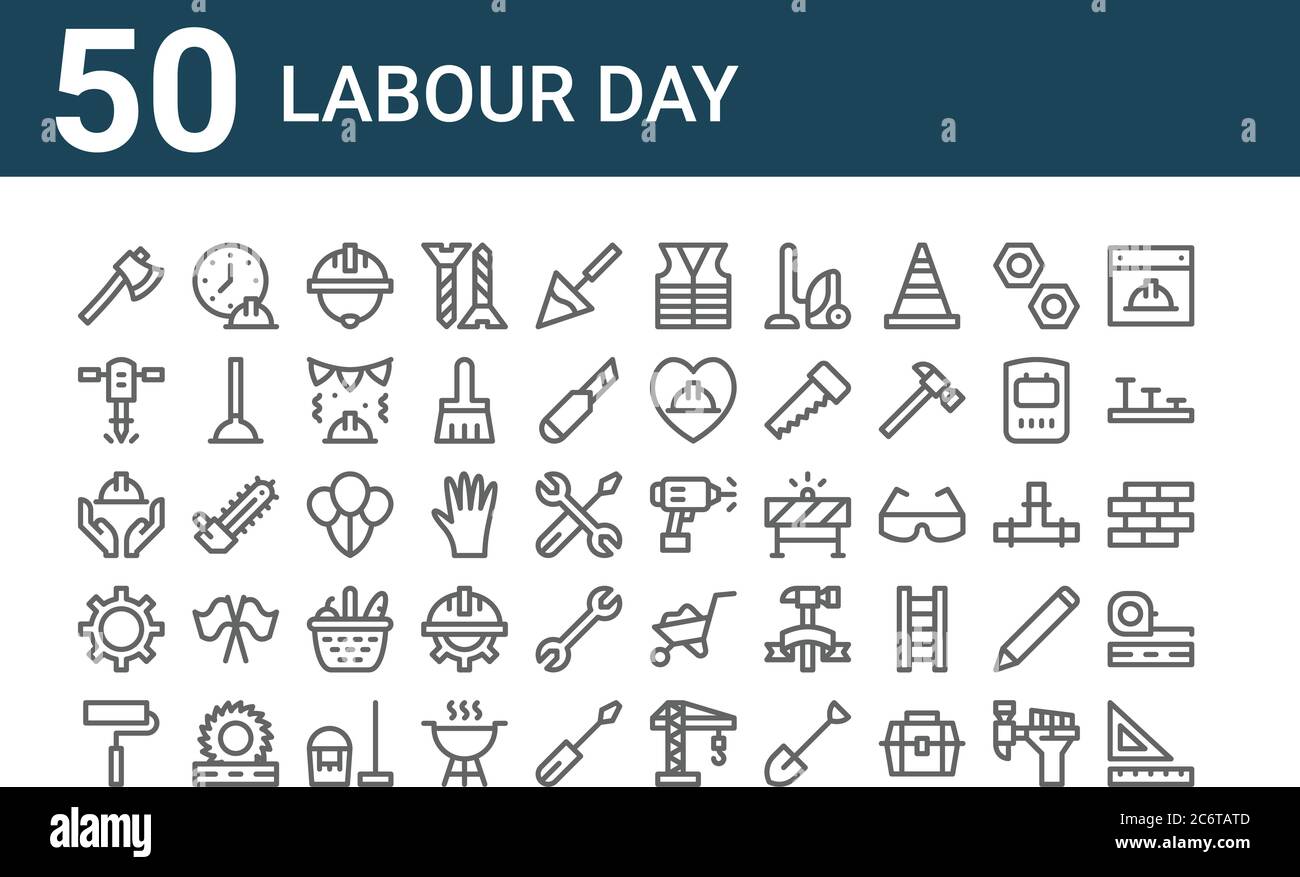set of 50 labour day icons. outline thin line icons such as rulers ...