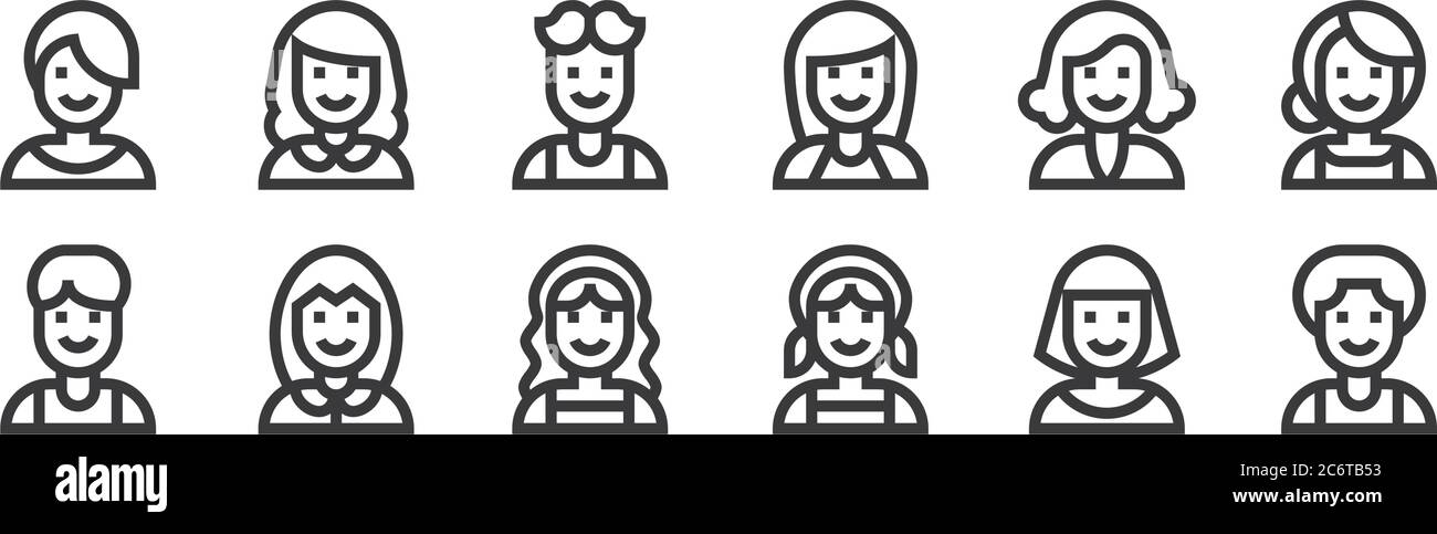 12 set of linear people icons. thin outline icons such as boy, woman ...