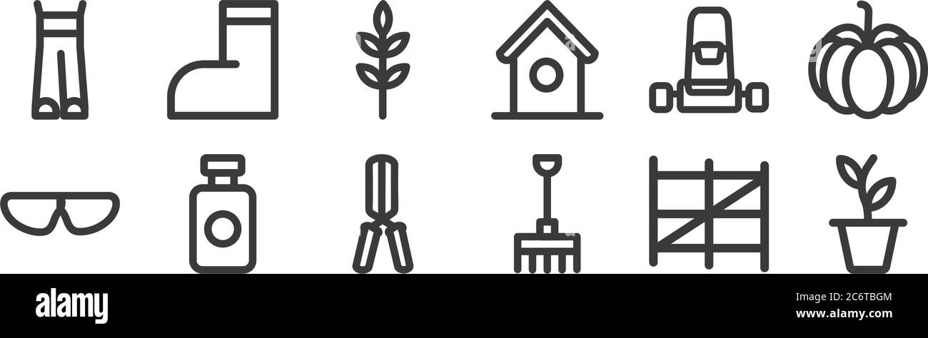 12 set of linear landscaping equipment icons. thin outline icons such ...