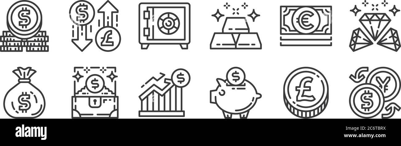 12 set of linear money and currency icons. thin outline icons such as ...