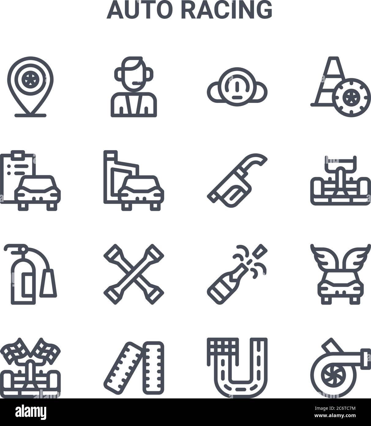 set of 16 auto racing concept vector line icons. 64x64 thin stroke ...