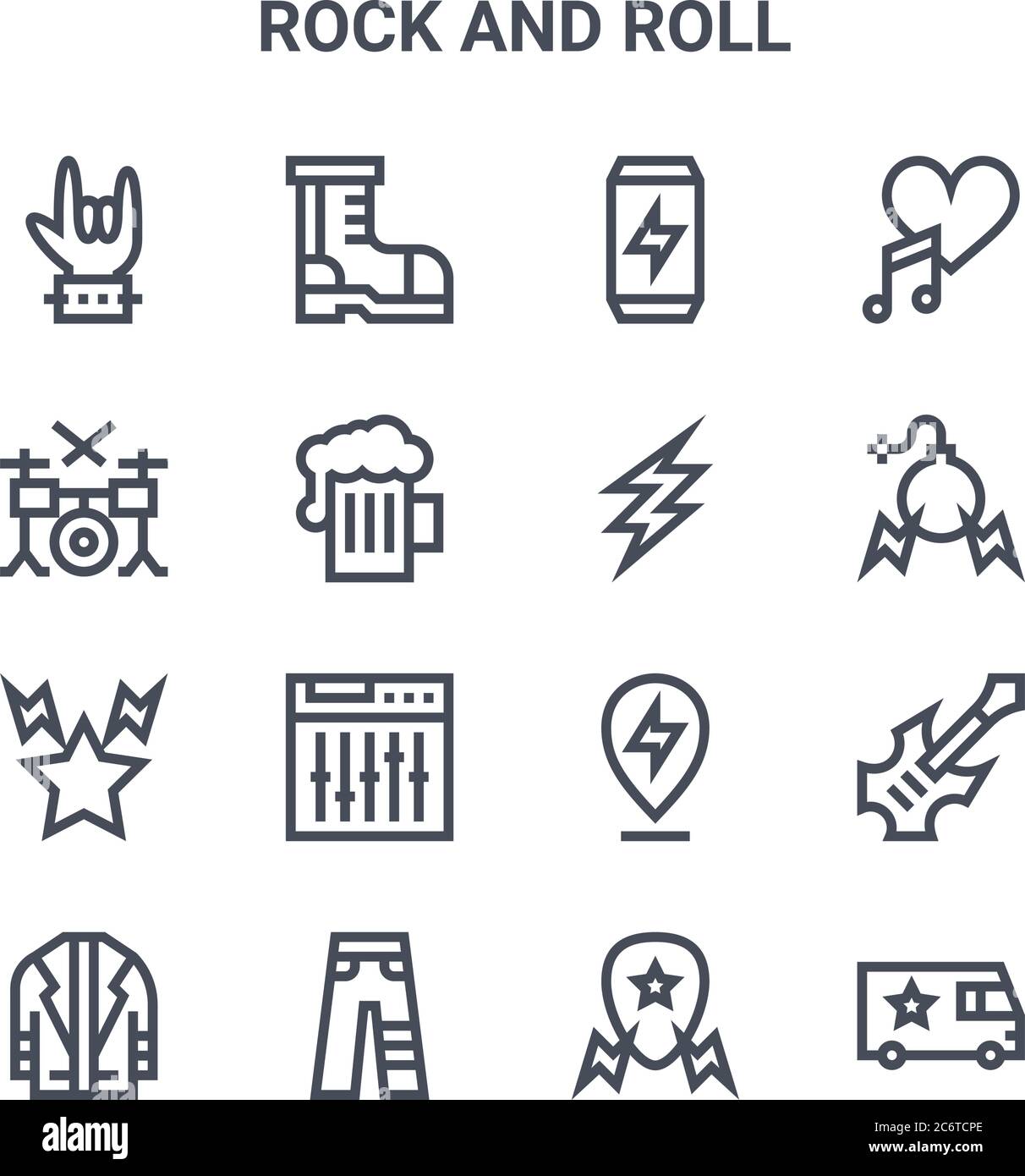 set of 16 rock and roll concept vector line icons. 64x64 thin stroke ...