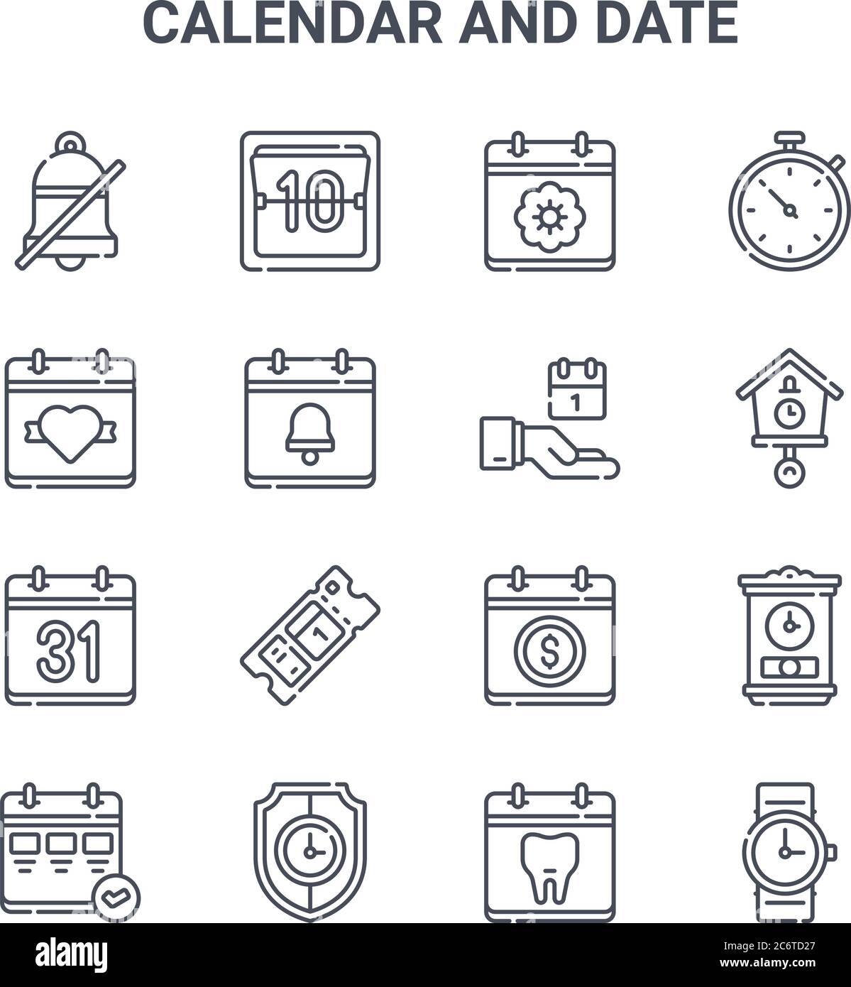 set of 16 calendar and date concept vector line icons. 64x64 thin ...