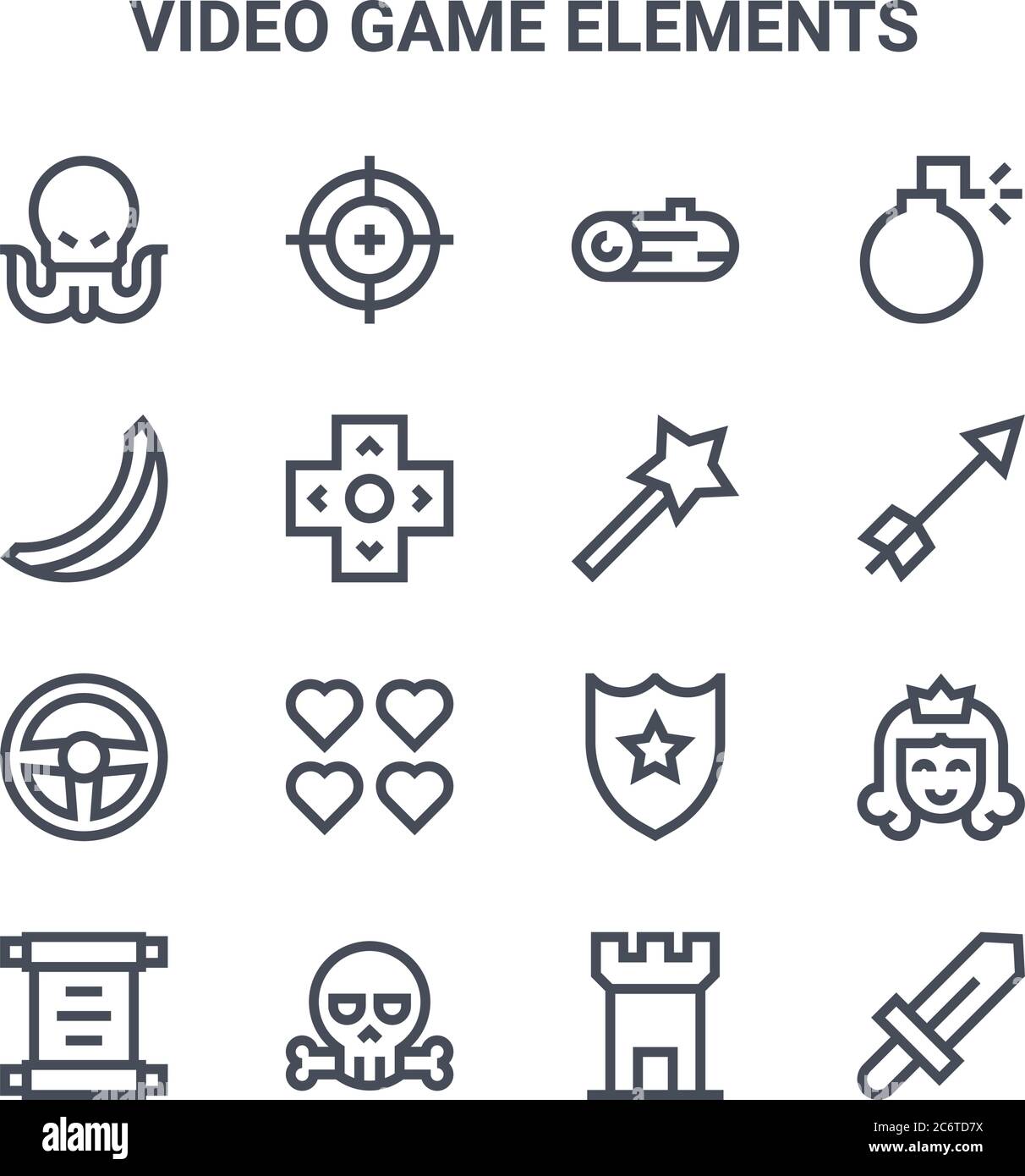 set of 16 video game elements concept vector line icons. 64x64 thin ...
