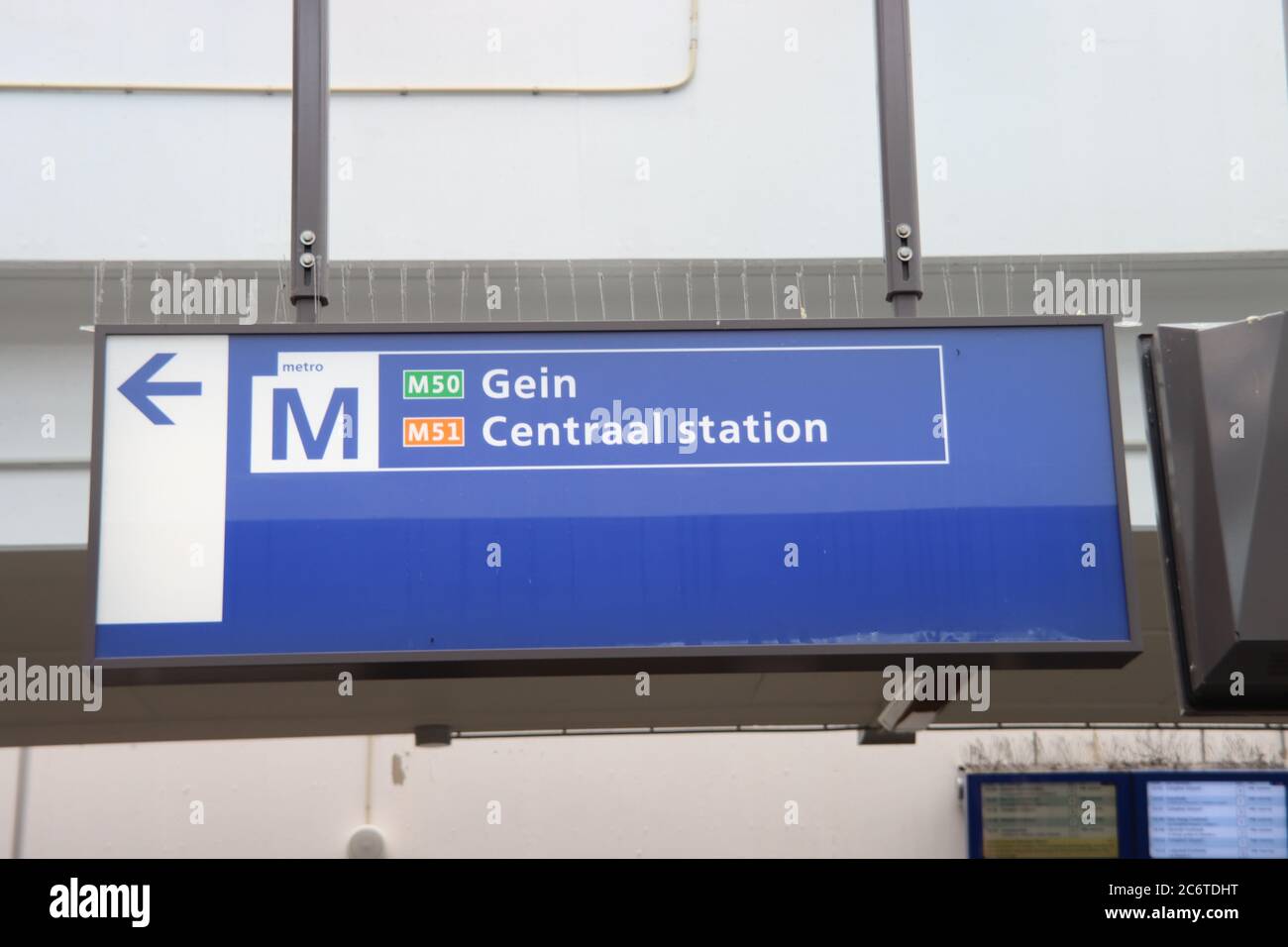 Signs for train and metro on the subway and railroad station Amsterdam ...