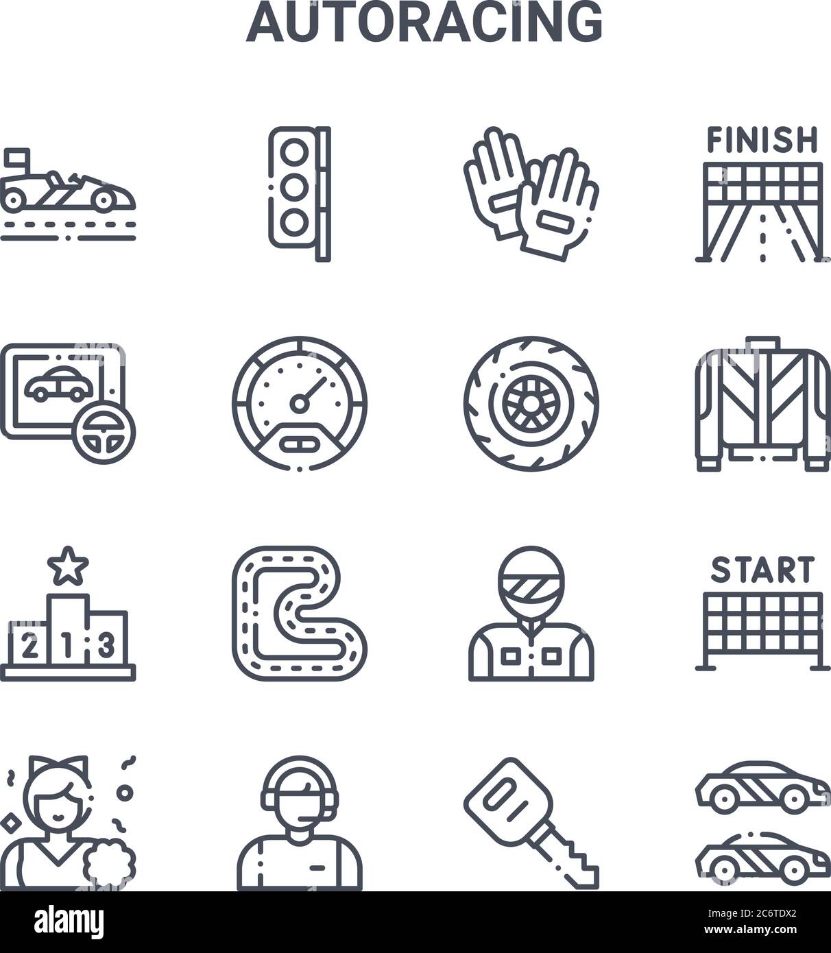 set of 16 autoracing concept vector line icons. 64x64 thin stroke icons ...
