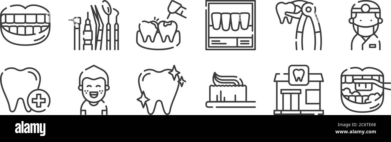 12 set of linear dental care icons. thin outline icons such as brushing ...