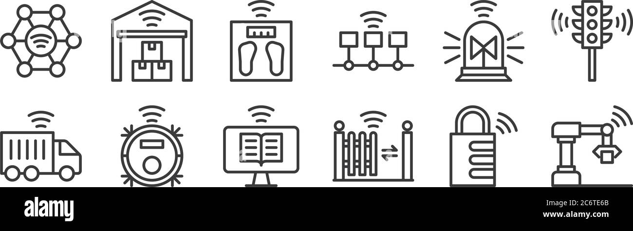 12 set of linear internet of things icons. thin outline icons such as robot, fence, vacuum ...