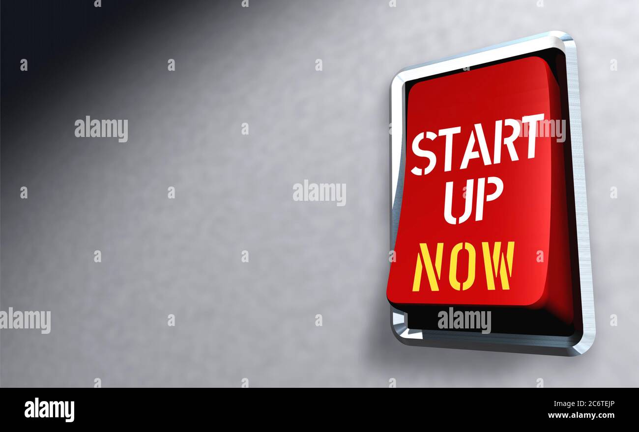 start up symbol, red switch with caption "start up now" free copy space ...
