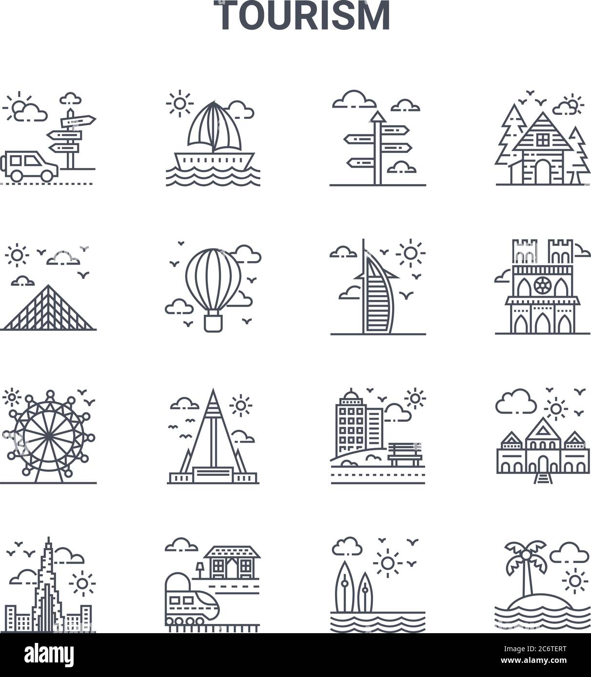 set of 16 tourism concept vector line icons. 64x64 thin stroke icons ...